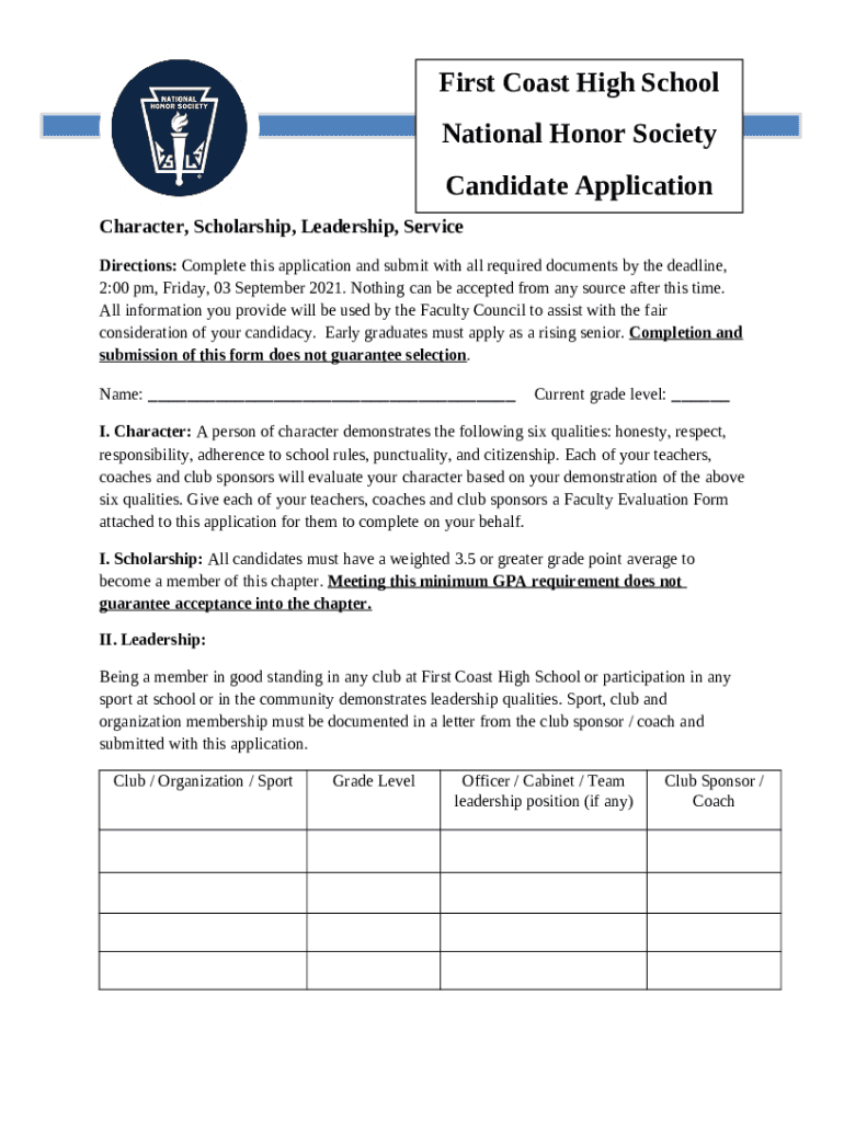First Coast High School National Honor Society Candidate ... Doc Template | pdfFiller