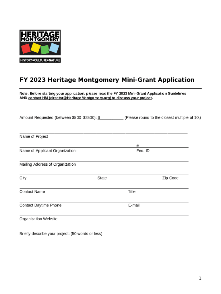 FY 2023 Heritage Montgomery Mini-Grant Application Doc Template | pdfFiller