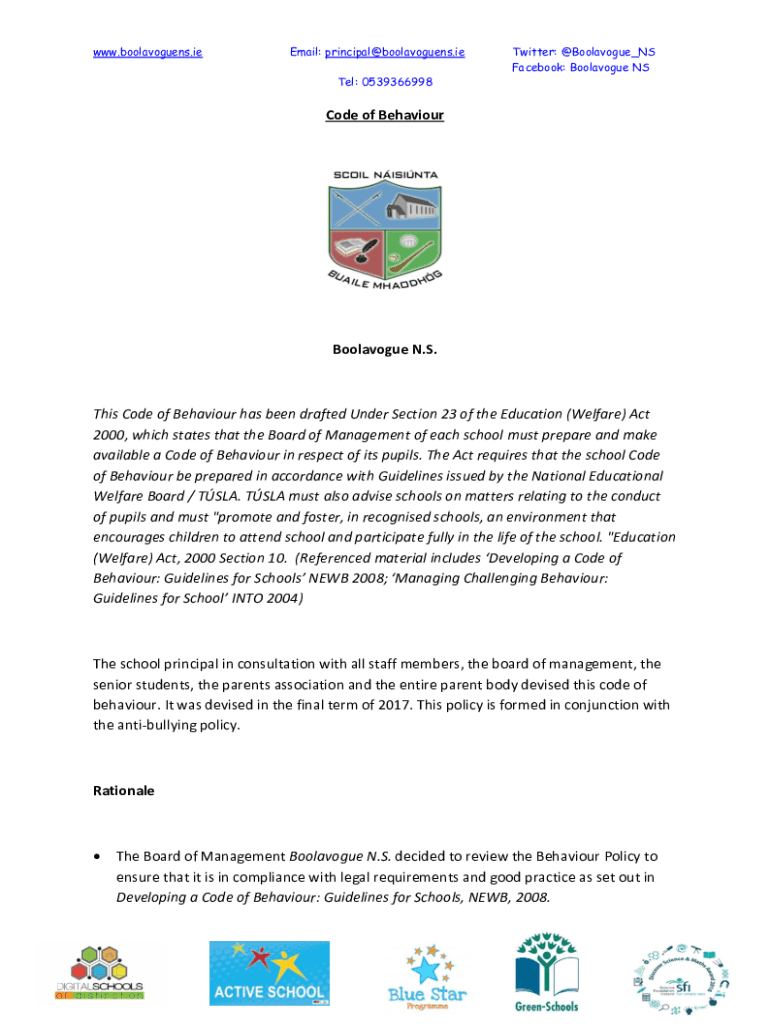 Fillable Online Code of Behaviour Boolavogue N.S. This Code of ...