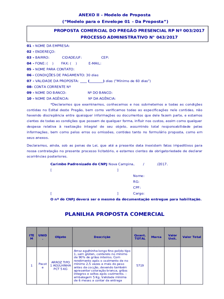 A N E X O II (MODELO DE PLANILHA DE PROPOSTA) ... Doc Template | pdfFiller
