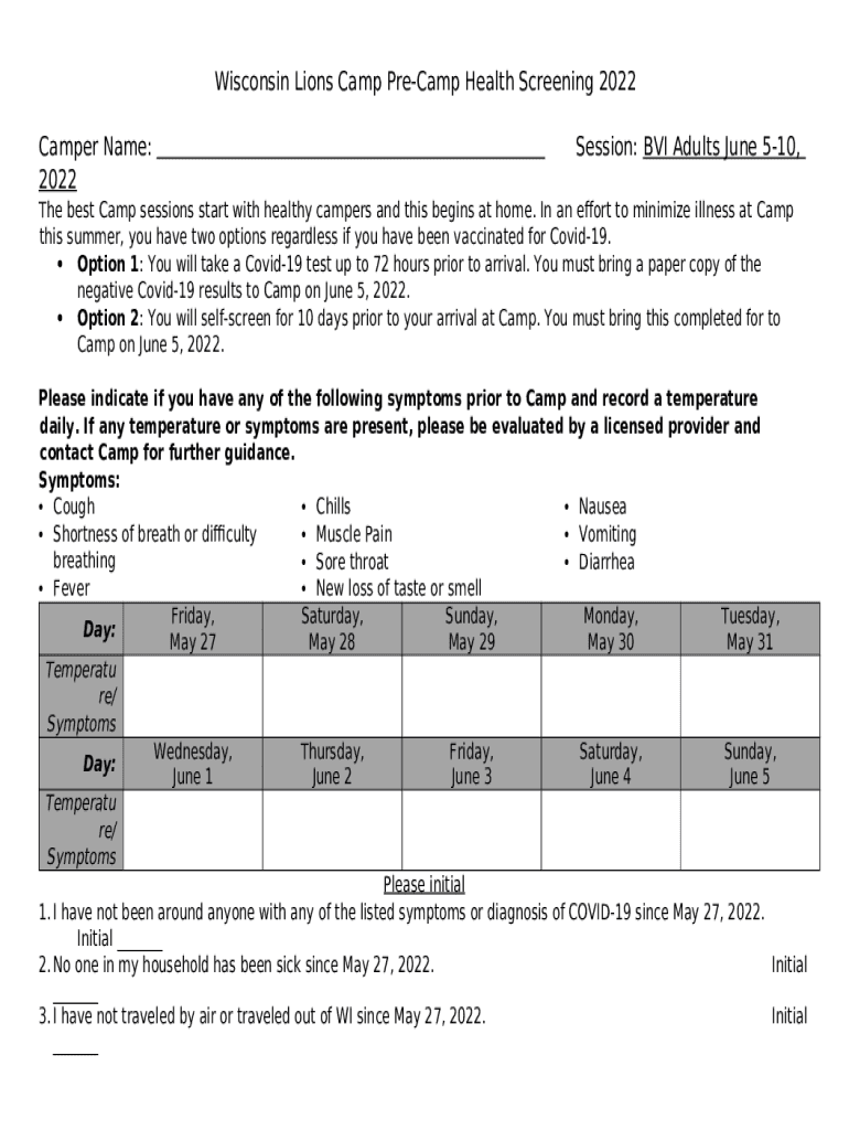 Wisconsin Lions Camp Pre-Camp Health Screening 2022 Doc Template ...