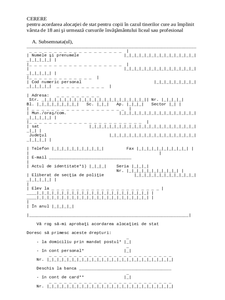 Cerere-Tip Alocatie de Stat Pentru Tineri de Peste 18 Ani Doc Template | pdfFiller