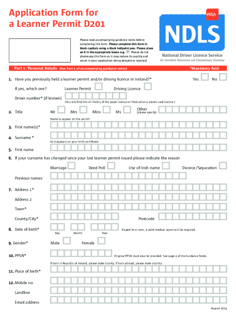 Fillable Online Application Form For A Learner Permit D201: Part 1 Fax Email Print - pdfFiller