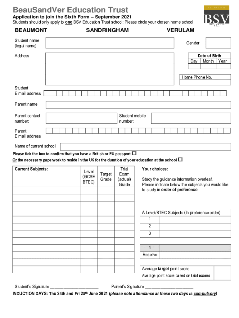 Fillable Online Students should only apply to one BSV Education Trust ...