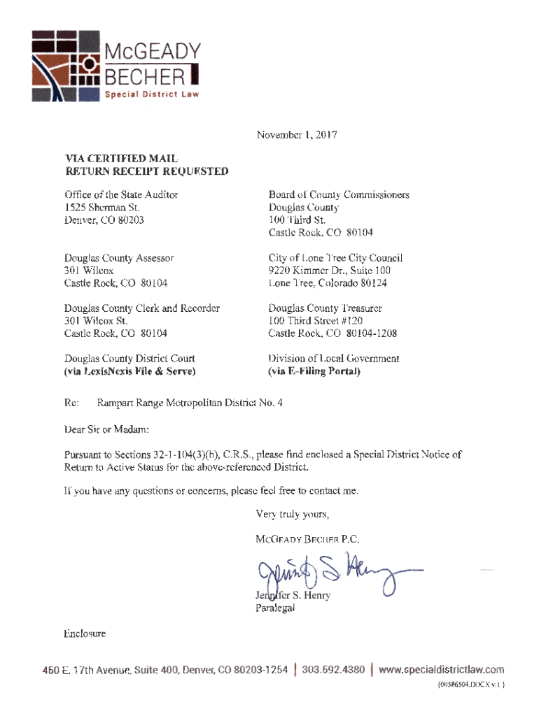 Fillable Online publicnotices douglas co l VIA CERTIFIED MAIL RETURN ...