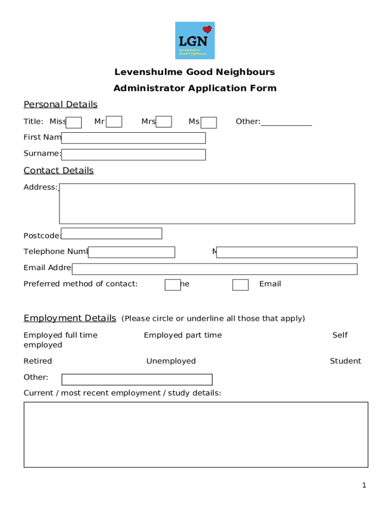 Levenshulme Good Neighbours Administrator Application ... Doc Template ...