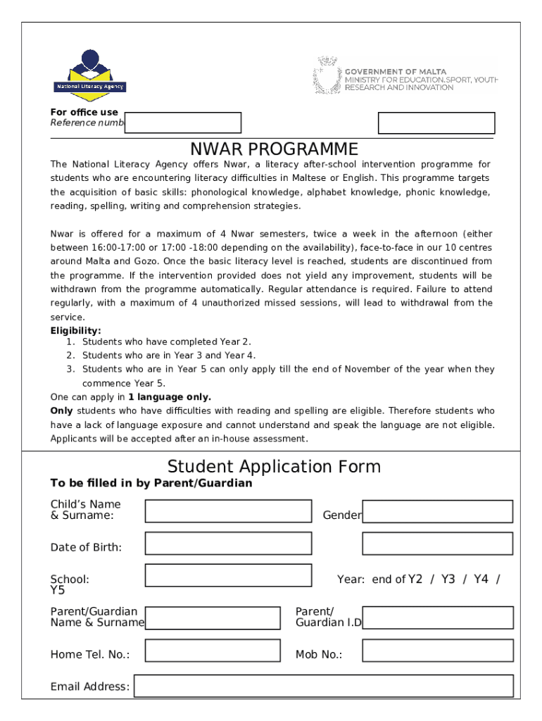 NWAR PROGRAMME Student Application Doc Template | pdfFiller