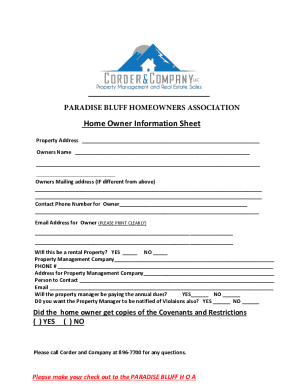 Fillable Online Home Owner Information Sheet Fax Email Print - pdfFiller