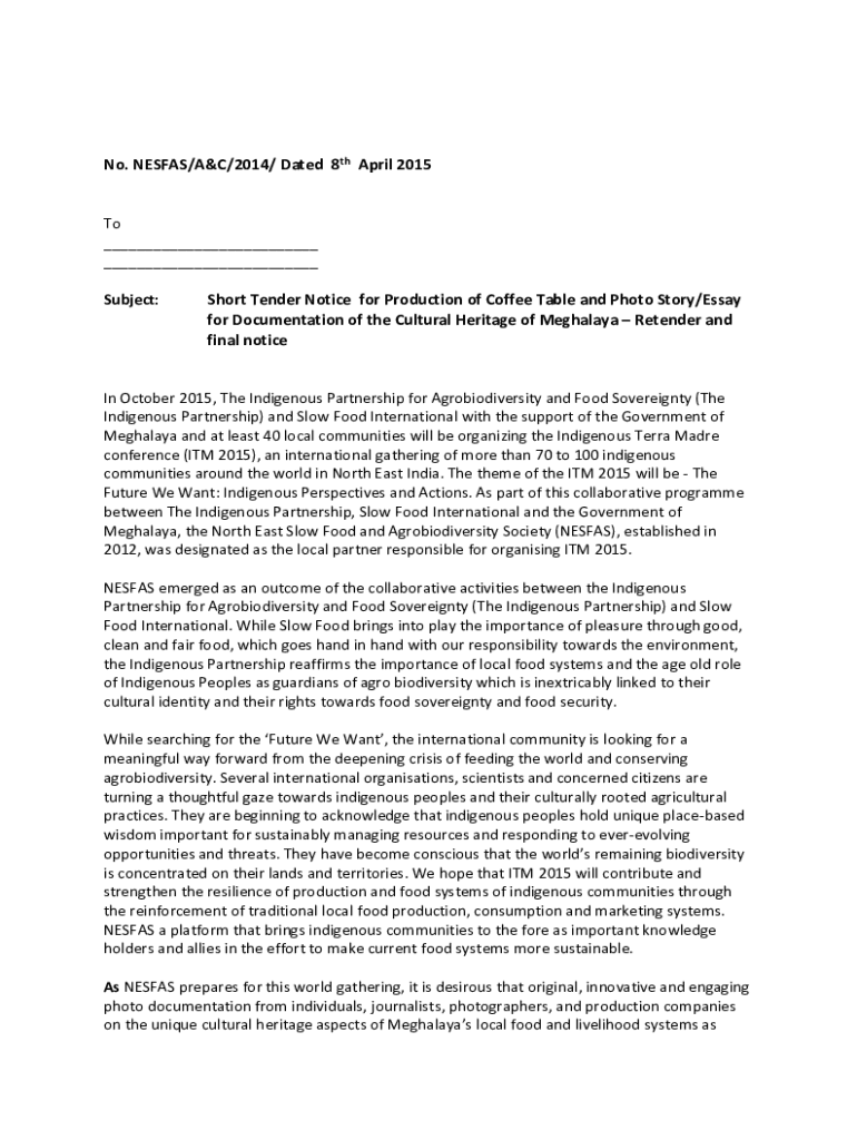 Fillable Online Short Tender Notice for Production of Coffee Table and ...