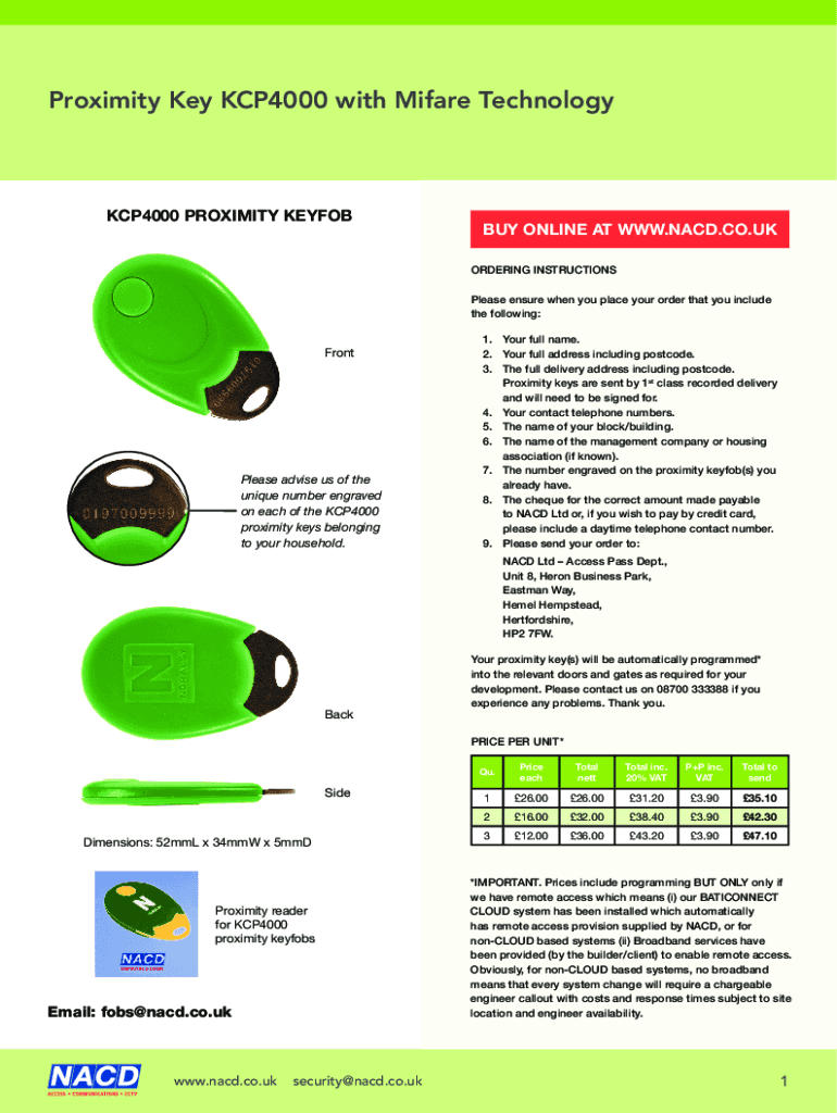 Fillable Online Price Sheet KCP4000 Proximity Keys 2020.indd Fax Email ...