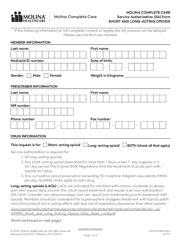 Fillable Online MOLINA COMPLETE CARE Service Authorization (SA) Form ...