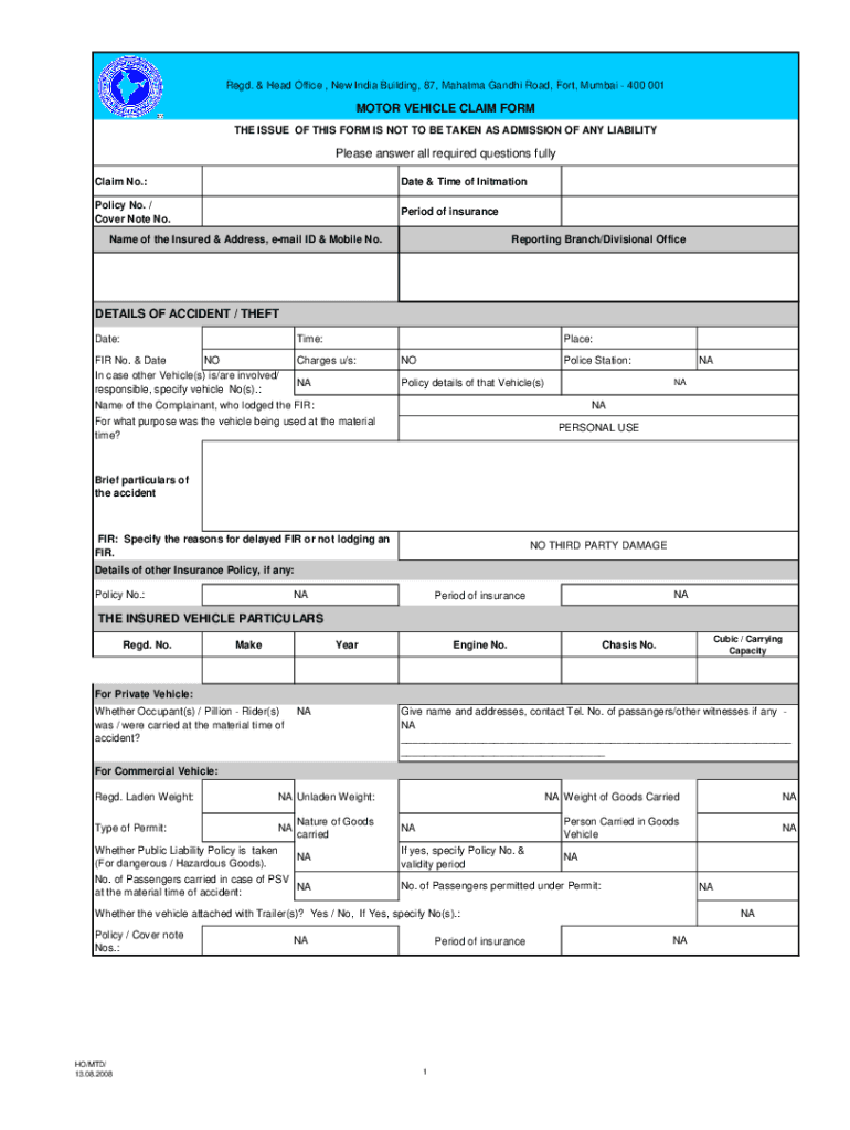 Fillable Online Claim Form for a Motor Vehicle Accident: Requesting ...