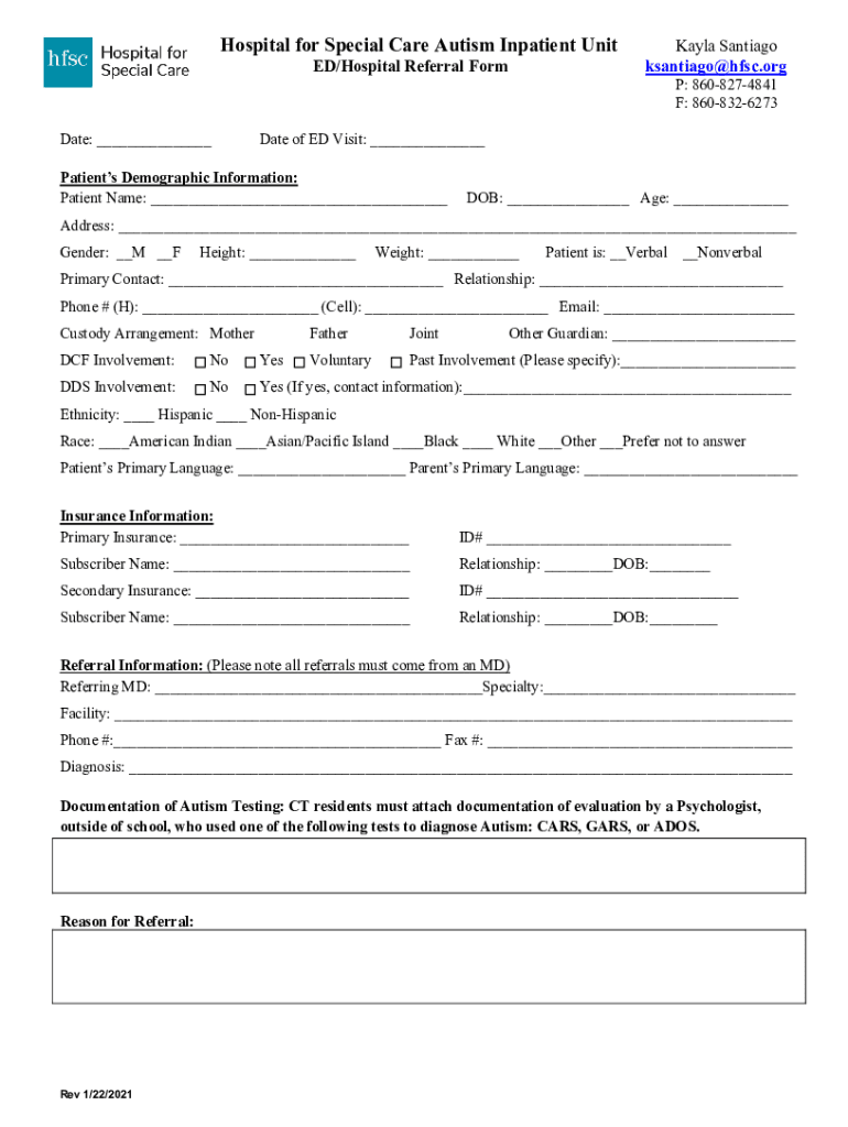 Fillable Online Autism Center at Hospital for Special Care (HSC)ASRC Fax Email Print - pdfFiller