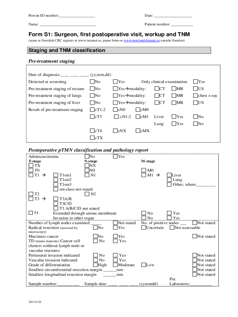 Fillable Online Form S1: Surgeon, first postoperative visit, workup and ...