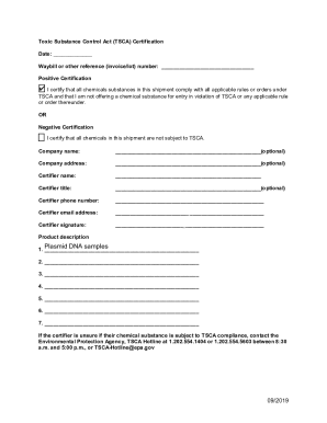 Fillable Online TOXIC SUBSTANCE CONTROL ACT CERTIFICATION 19 ... Fax ...