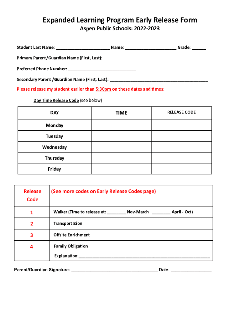 Fillable Online Expanded Learning Program Early Release Form Fax Email ...