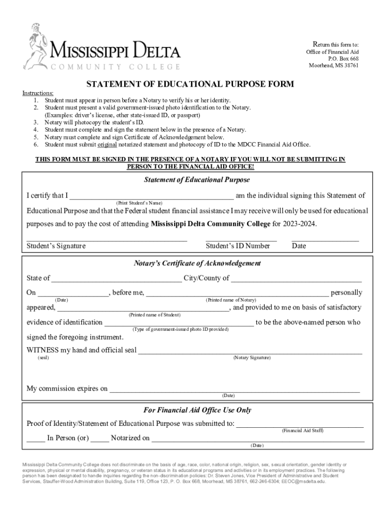 Fillable Online STATEMENT OF EDUCATIONAL PURPOSE FORM - MDCC Fax Email Print - pdfFiller