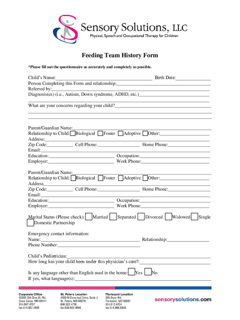 Fillable Online Feeding History Questionnaire You must complete this ...