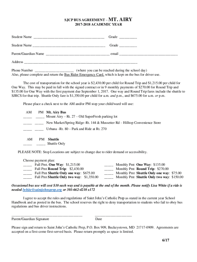 Fillable Online sjcp bus agreementmt. airy Fax Email Print - pdfFiller