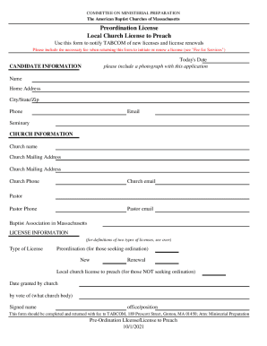 Fillable Online Preordination License Local Church License to Preach ...