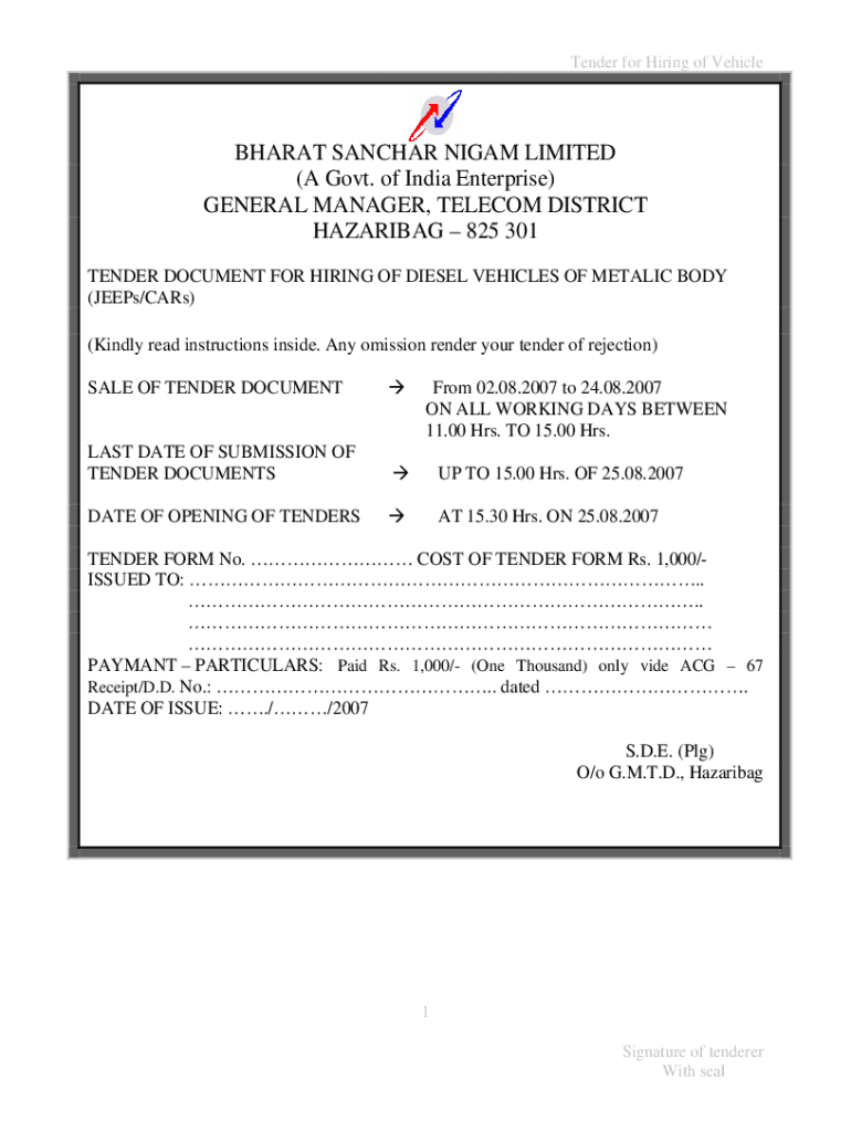 Fillable Online jharkhand bsnl co Tender documets for Hiring of Vehicle ...