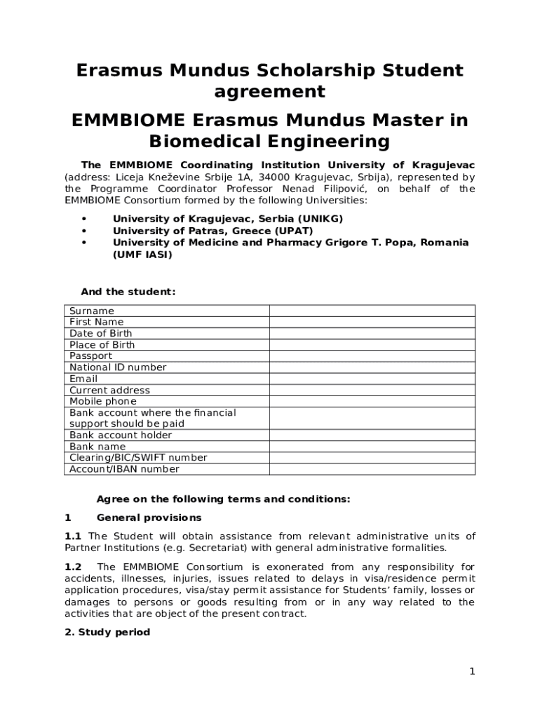 Erasmus Mundus Scholarship Student agreement ... Doc Template | pdfFiller