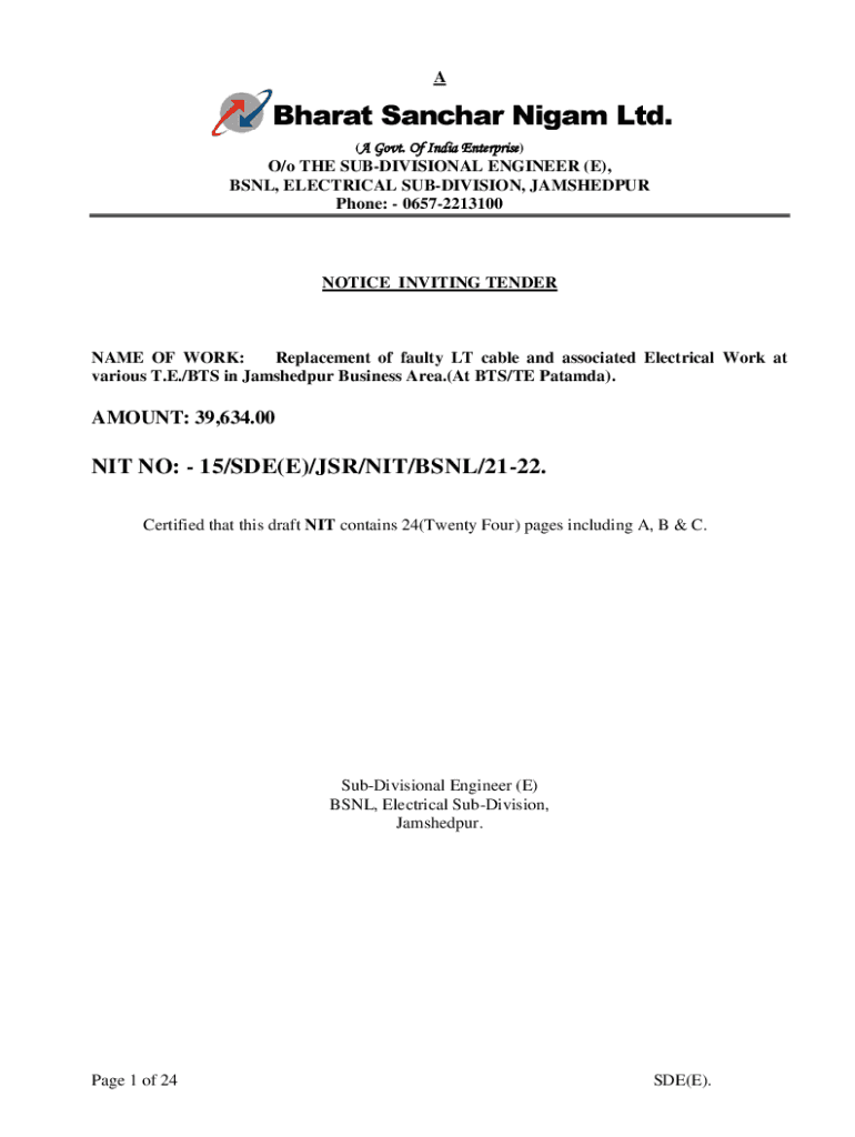 Fillable Online jharkhand bsnl co Replacement of faulty change over ...