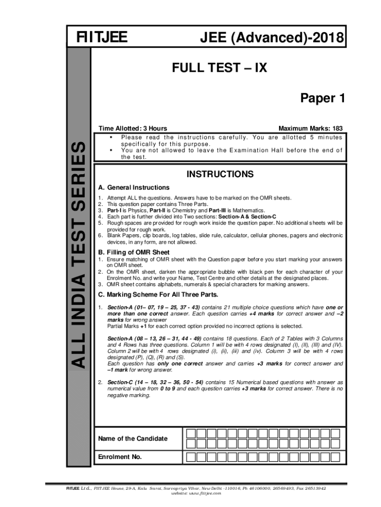 Fillable Online AITS-1718-FT-VIII-PAPER-1.pdf - FIITJEE JEE Advanced Fax Email Print - pdfFiller