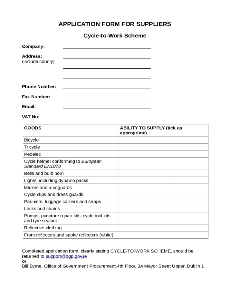 APPLICATION FOR SUPPLIERS Cycle-to-Work Scheme Doc Template | pdfFiller