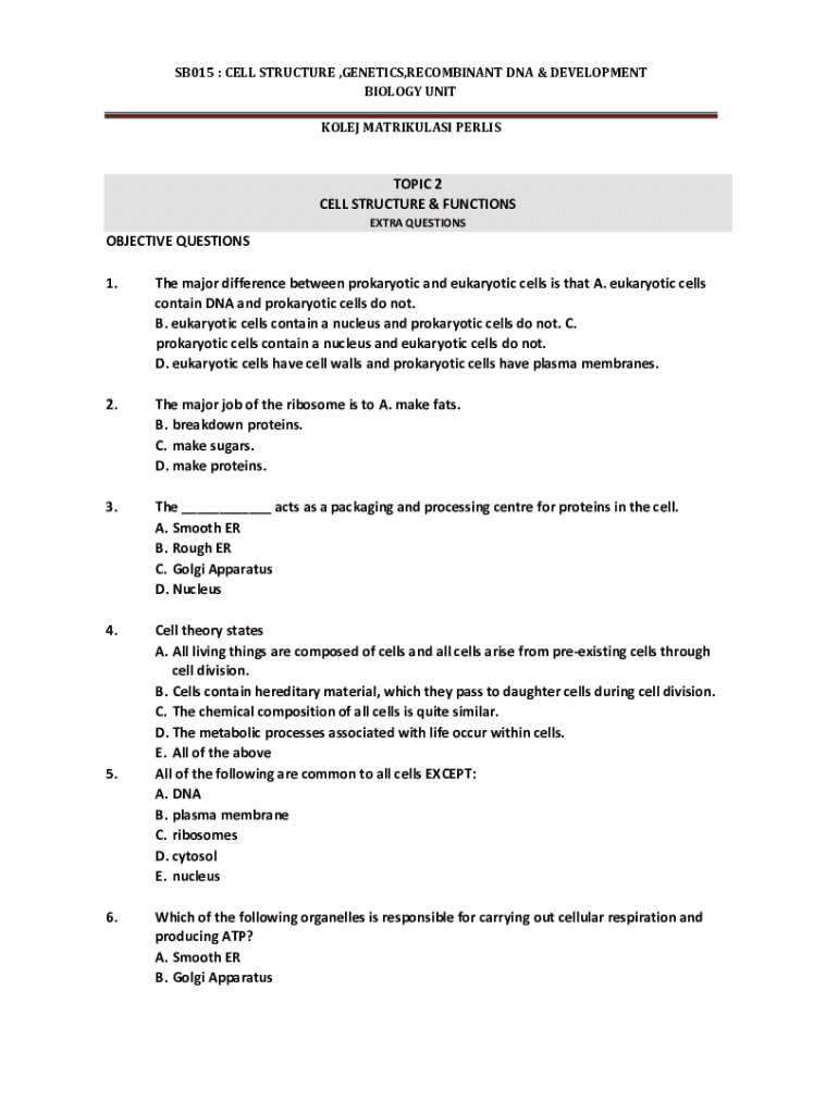 Fillable Online Topic 2 Cell Structure And Functions Extra Questions Fax Email Print Pdffiller