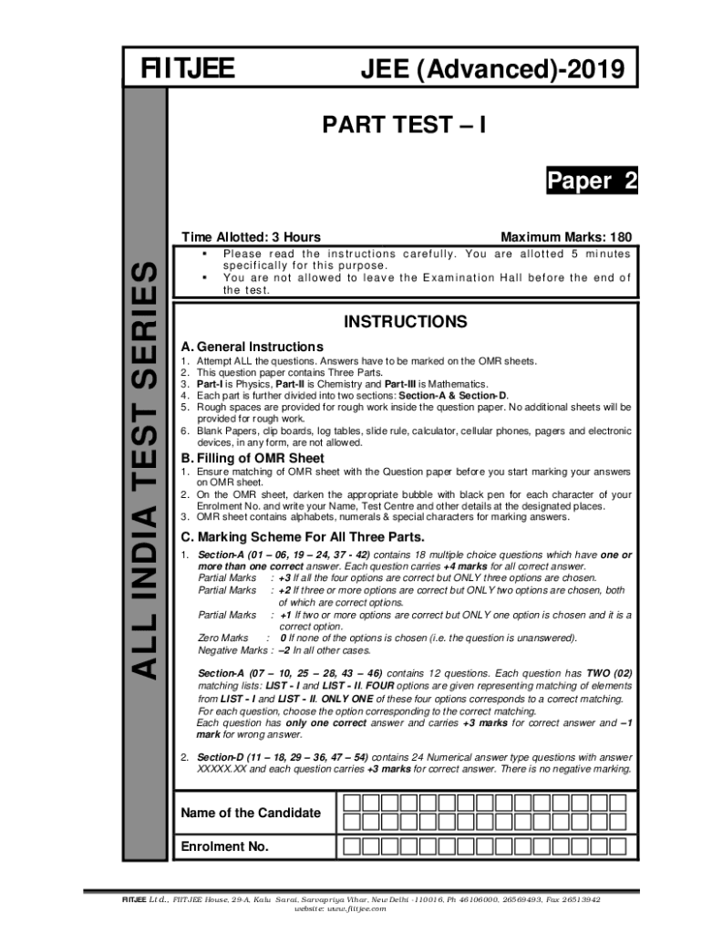 Fillable Online How was your FIITJEE part test 3 Advanced for the IIT ...