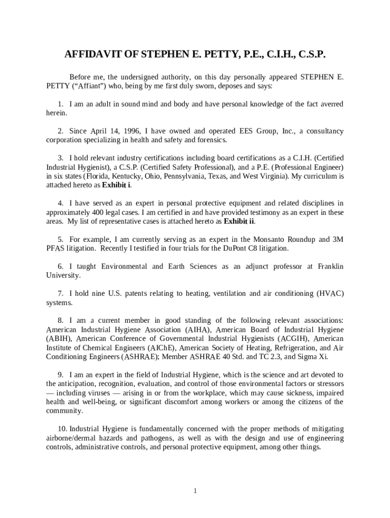 Affidavit of Stephen E. Petty, PE, CIH, CSP ... Doc Template | pdfFiller