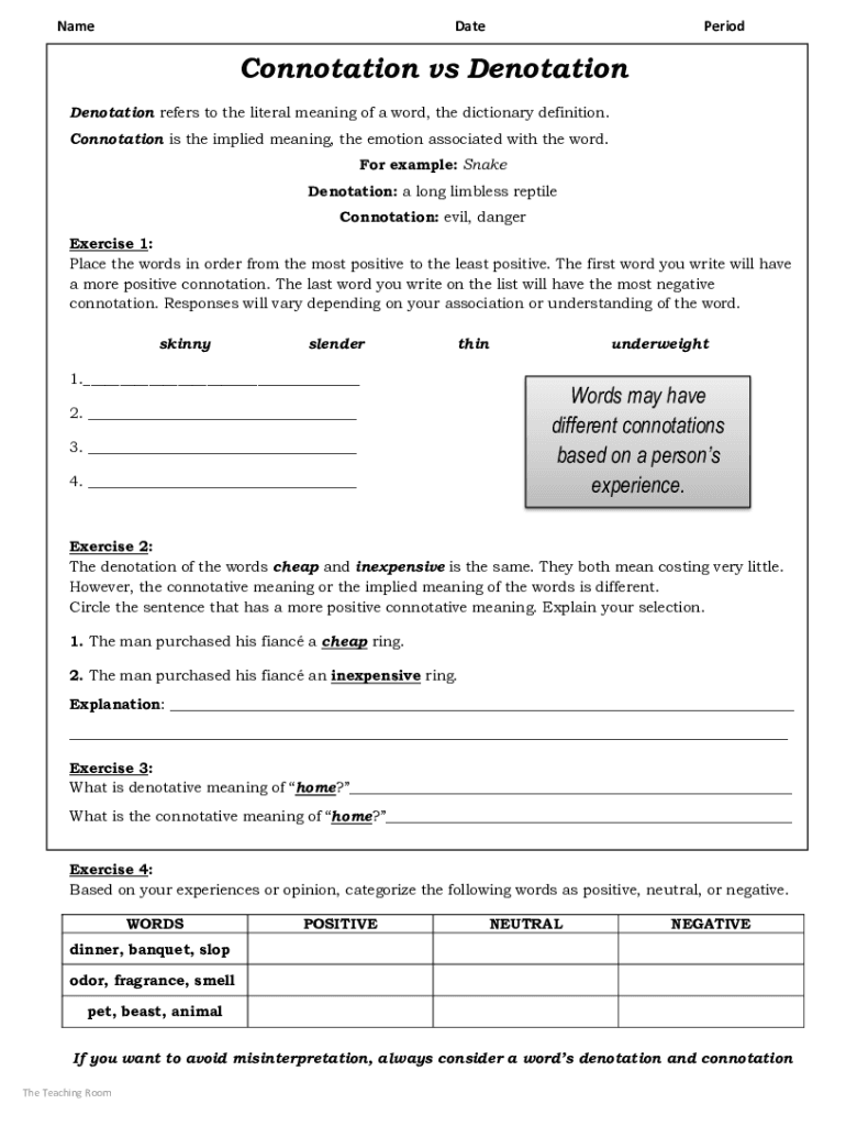Fillable Online Denotation and Connotation (Review Video & Fact Sheet ...
