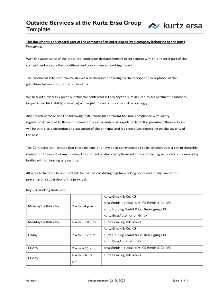 Fillable Online Outside Services at the Kurtz Ersa Group Template Fax ...
