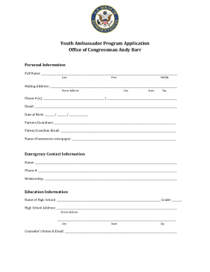 Fillable Online Youth Ambassador Program Application Office of ...
