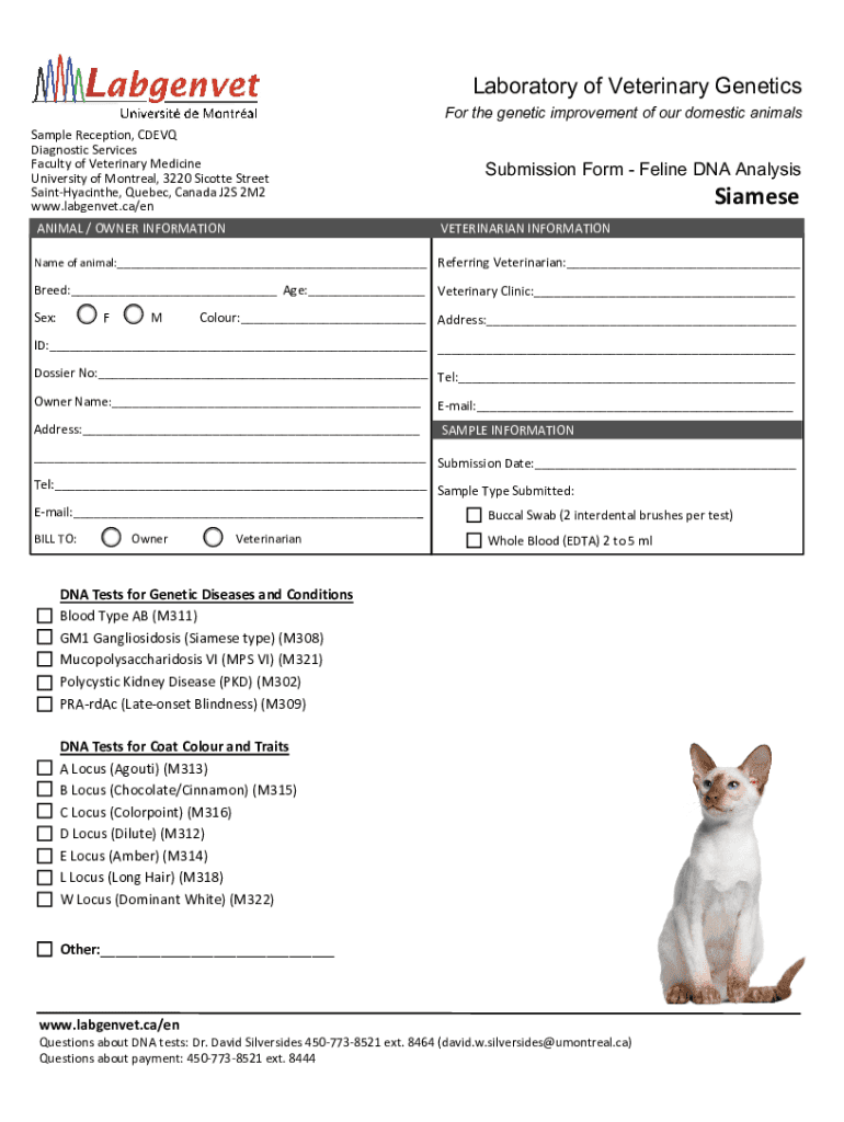 Fillable Online Submission Form - Feline DNA Analysis Fax Email Print ...
