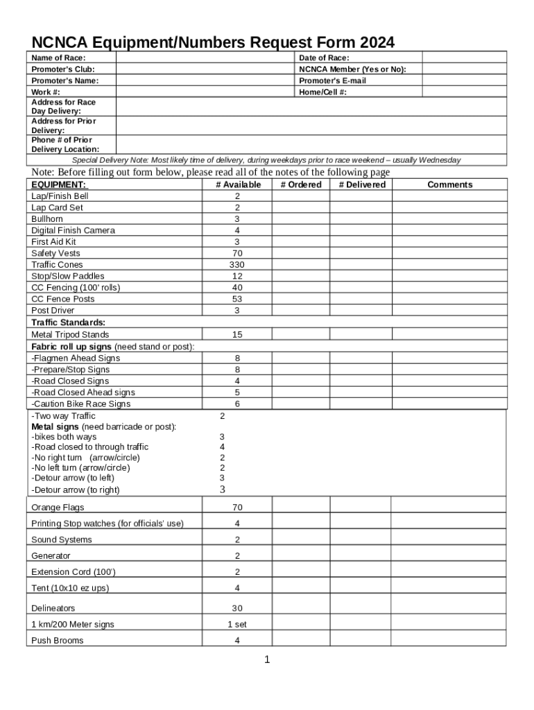 NCNCA Equipment/Numbers Request 2011 Doc Template | pdfFiller