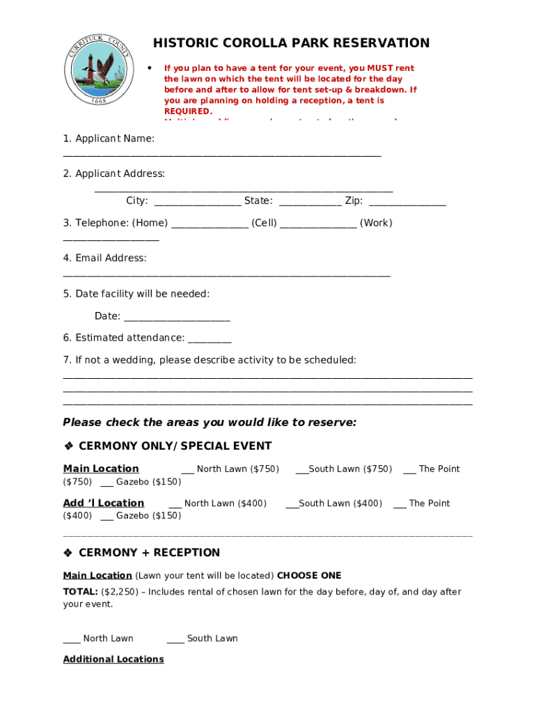 historic corolla park reservation application Doc Template | pdfFiller