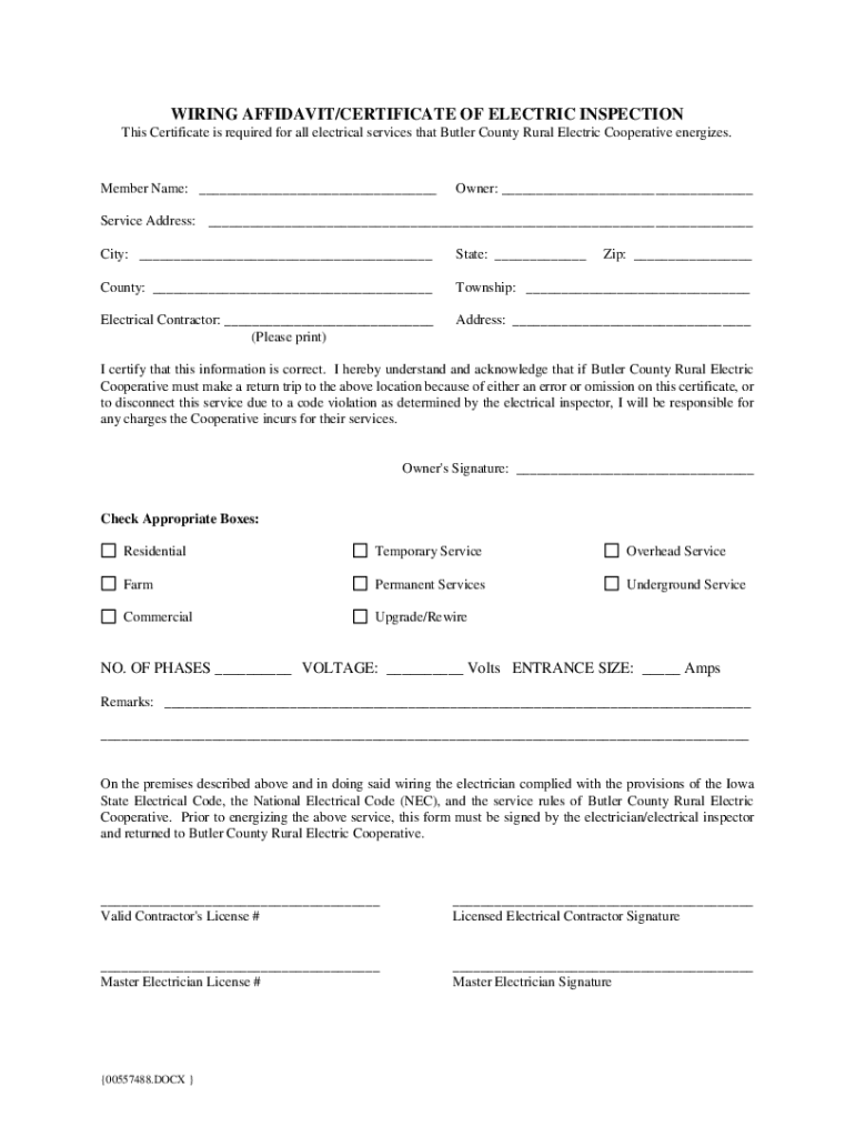 Fillable Online WIRING AFFIDAVIT/CERTIFICATE OF ELECTRIC ... Fax Email ...