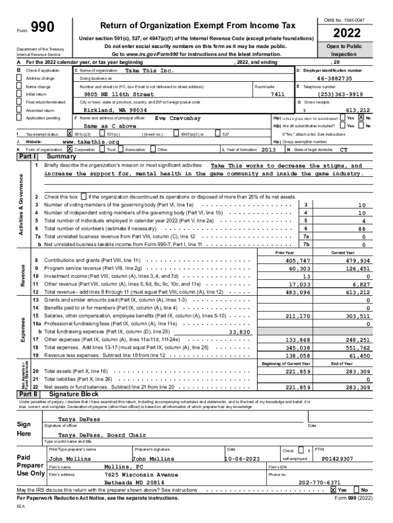 Fillable Online 2022 Federal Tax Return Documents (Take This Inc.) Fax ...