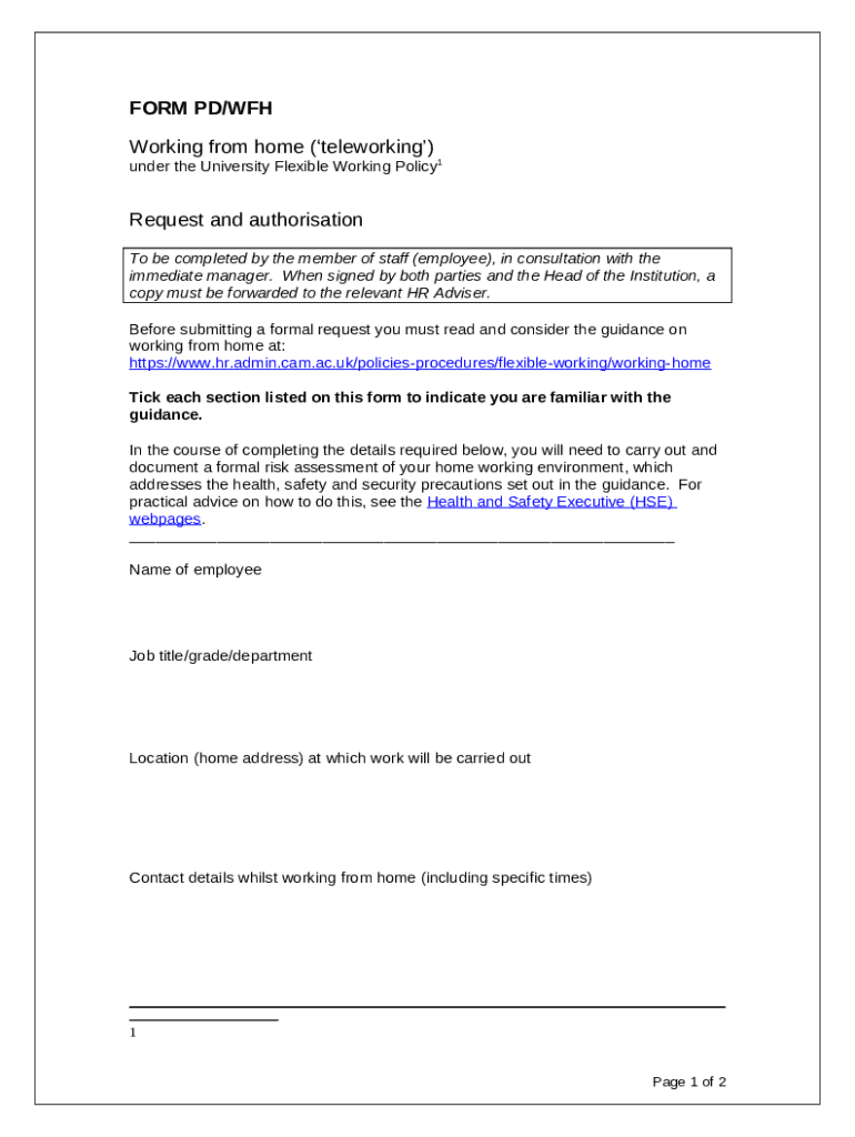 PD/WFH Working from home Request Doc Template | pdfFiller