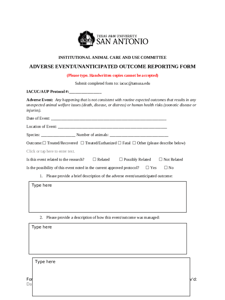 Adverse Event Unanticipated Outcome Report Doc Template | pdfFiller