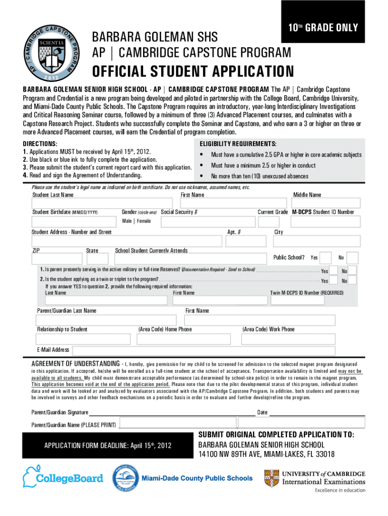 Fillable Online choice dadeschools Barbara Goleman's AP Capstone/STEM Capstone Magnet Fax Email ...