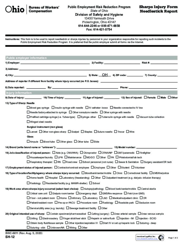 Fillable Online Sharps Injury Form Needlestick Report - Ohio University ...