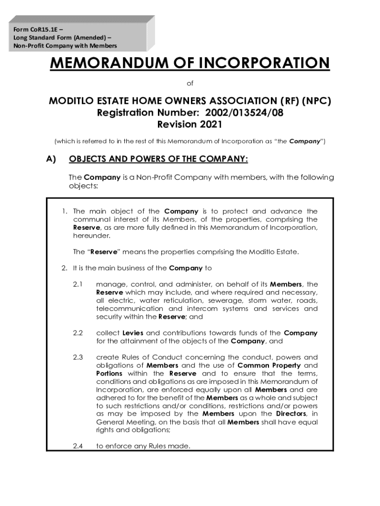 Fillable Online Memorandum Of Incorporation Non Profit Company Template ...