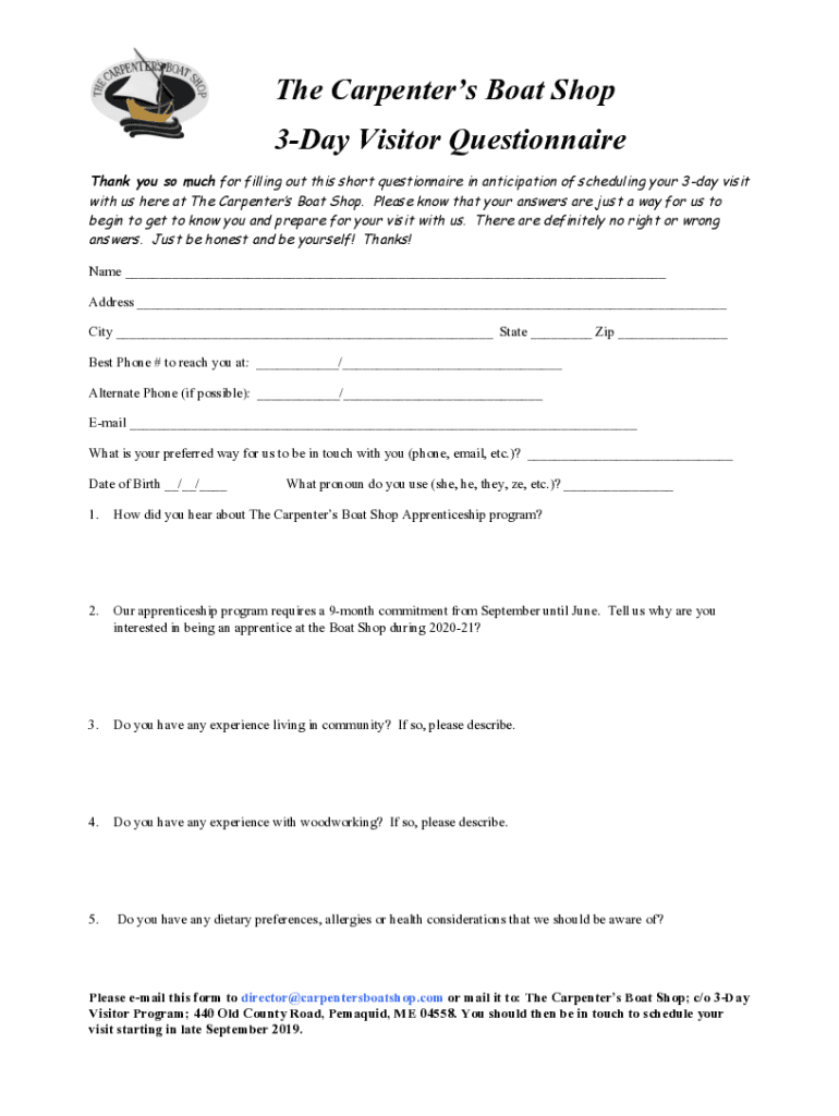 Fillable Online The Carpenter's Boat Shop 3-Day Visitor Questionnaire Fax Email Print - pdfFiller