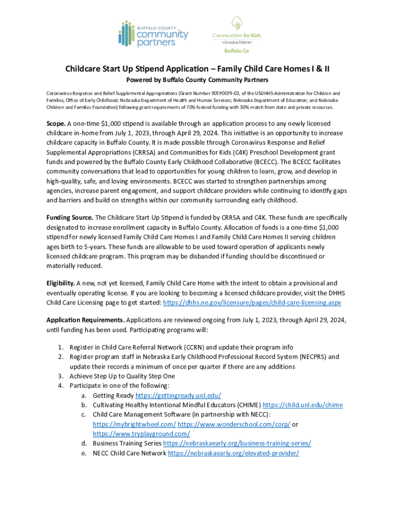 Fillable Online Childcare Start Up Stipend Application Family Child ...