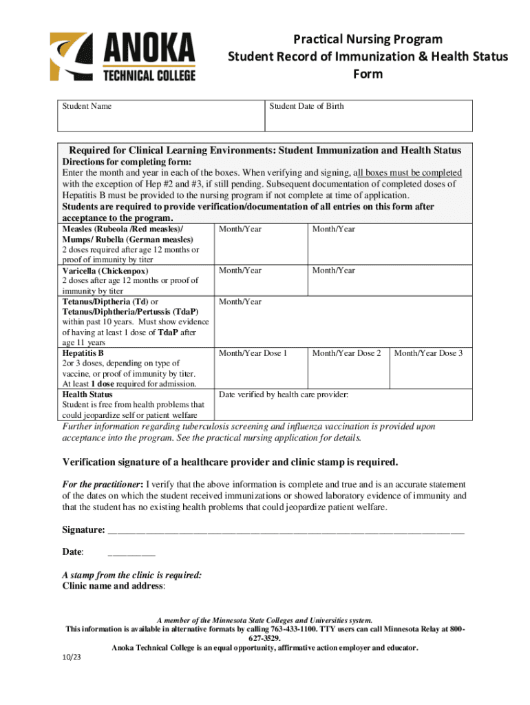 Fillable Online Practical Nursing Program Student Record of ...
