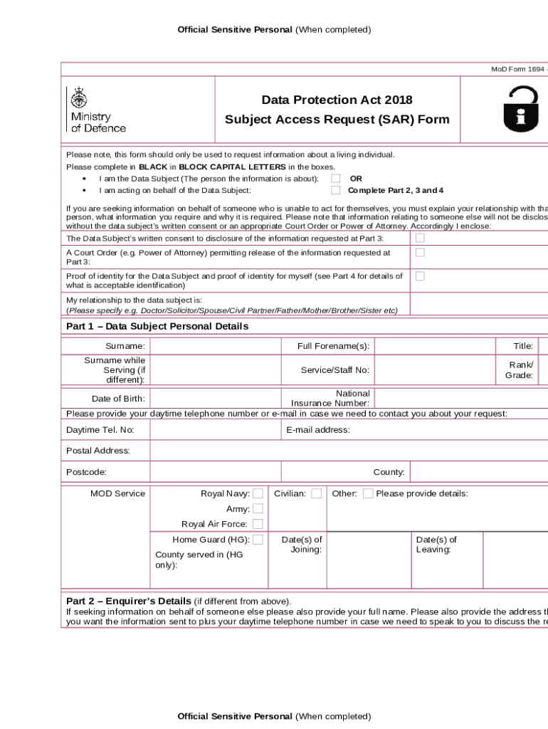 Data Protection Act 2018 Subject Access Request (SAR) ... Doc Template ...