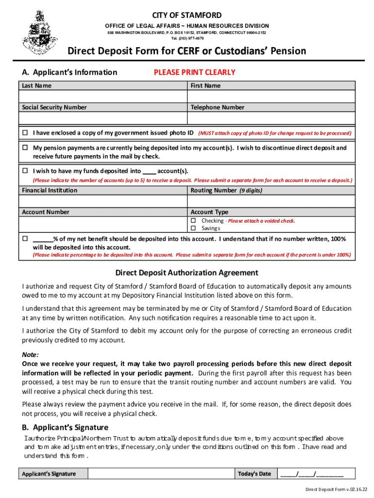 Fillable Online Direct Deposit Form for Pension - the City of Stamford ...